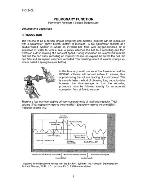 Lab9 Pulmonary Function Updated Copy PULMONARY FUNCTION Pulmonary Function 1 Biopac Babe