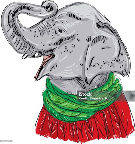 크리스마스 레드에 제기 트렁크와 코끼리 머리 짠 스웨터와 녹색 스카프 그림을 스케치 합니다 컨투어는 흰색 바탕에 검정 벡터 검은