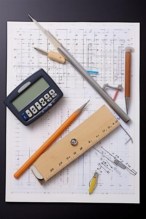 mathematical calculator pencils ruler and other materials on paper