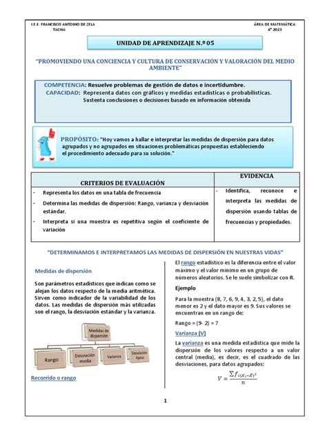 Medidas De Dispersión Unidad 5 Sesión 24 Pdf Desviación