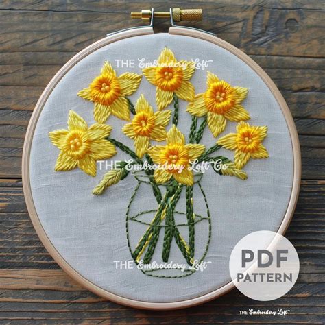 Vase Of Daffodils Hand Embroidery Pattern Yellow Daffodils Pattern