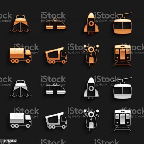 배달 화물 트럭 케이블 기차 및 철도 스쿠터 로켓 선박 크루즈 및 트램 아이콘을 설정합니다 벡터 Launch Party에 대한 스톡 벡터 아트 및 기타 이미지 Istock