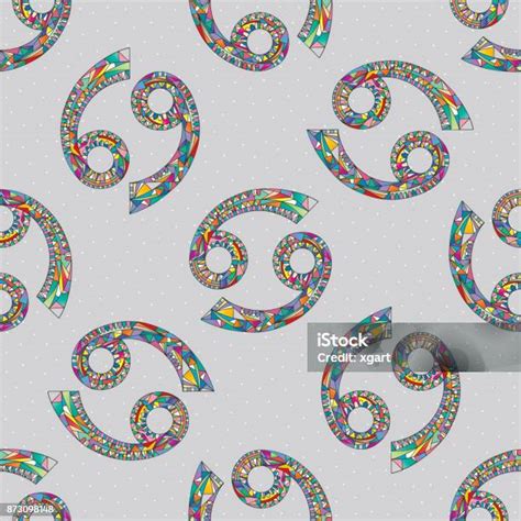 암 조디악 로그인 원활한 패턴입니다 별자리 마법 기호 배경입니다 손 그린 벽지 포장 섬유 디자인 표면 질감 직물에 대 한 점성술 다채로운 벡터 텍스처 개념에 대한 스톡 벡터