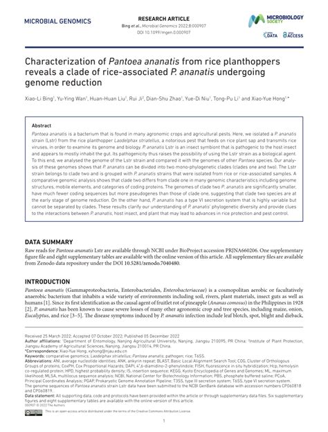 Pdf Characterization Of Pantoea Ananatis From Rice Planthoppers