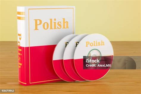 나무 테이블에 폴란드 및 Cd 디스크의 국기와 폴란드어 언어 교과서 3 차원 렌더링 3차원 형태에 대한 스톡 사진 및 기타 이미지 3차원 형태 개념 개념과 주제