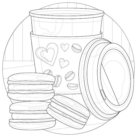 테이크 아웃 커피와 마카롱 어린이와 성인을 위한 색칠 공부 책 흰색 배경에 고립 된 그림입니다 선 얽힌 스타일입니다 프리미엄 벡터