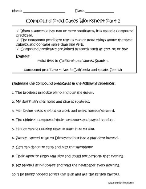 Compound Predicate Worksheet Part 1 Subject And Predicate Subject
