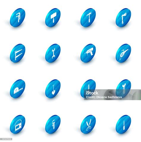 세트 썰매 망치 발톱 나무 도끼 클램프 도구 룰렛 구조 렌치 스패너 잎 정원 송풍기 및 전기 드릴 머신 아이콘 벡터 3차원