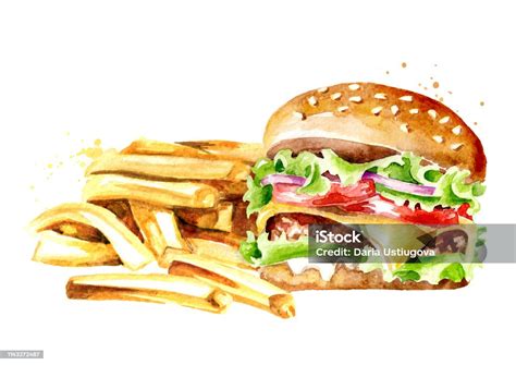 햄버거와 프렌치 프라이 스틱 감자 패스트 푸드 개념입니다 수채화 손으로 그린 그림 흰색 배경에 고립 수채화에 대한 스톡 벡터