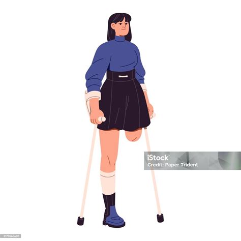 신체 장애를 가진 행복 한 아시아 소녀 팔다리를 절단한 젊은 여성이 목발을 짚고 걷고 있다 다리가 서 있지 않은 양성 절단 환자 흰색 배경에 평평한 고립 된 벡터 그림 건강