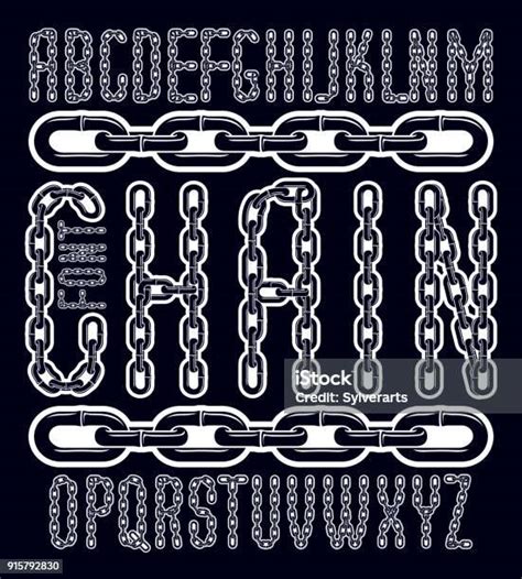 벡터 압축 키 큰 글꼴입니다 트렌디한 Typescript 예술 창조에 사용할 수 있습니다 자본 장식 편지 크롬 체인 링크를 사용 하 여 만든 사슬에 대한 스톡 벡터 아트 및
