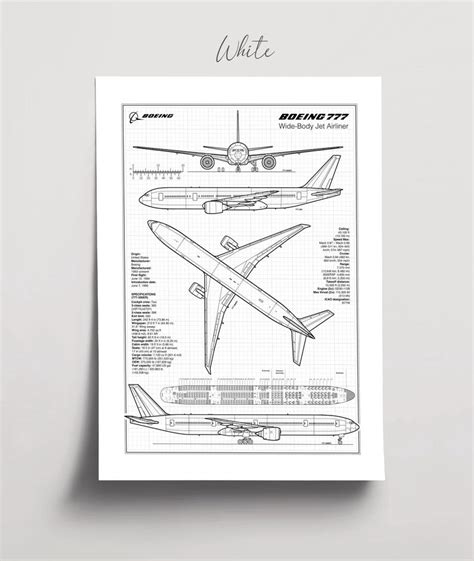 Boeing 777 Blueprint Poster Aviation Wall Art Aircraft Print Digital