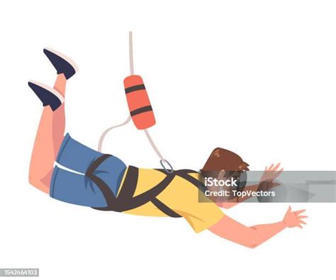 남자 캐릭터와 함께 번지 점프 탄성 코드 벡터 그림에 연결된 큰 높이에서 자유롭게 떨어지는 번지 점프에 대한 스톡 벡터 아트 및 기타 이미지 번지 점프 경외감 날기