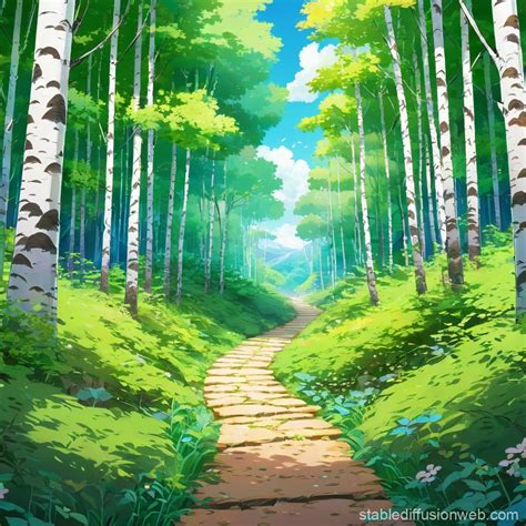 Mysterious Birch Forest Pathway Stable Diffusion Online