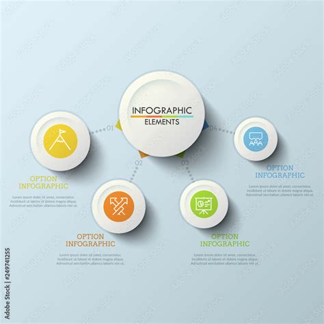 Workflow Diagram Main Circle Connected With 4 Round Elements By Dotted Lines Four Steps To