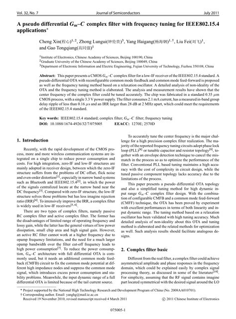Pdf A Pseudo Differential Gm—c Complex Filter With Frequency Tuning For Ieee802154 Applications