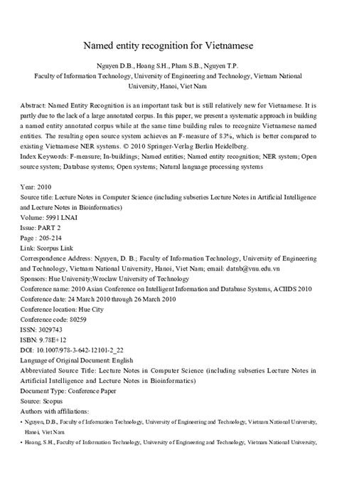 Pdf Named Entity Recognition For Vietnamese Đạt Nguyễn