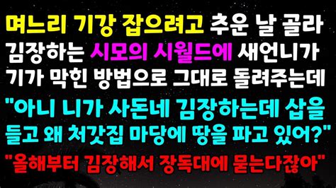 며느리 기강잡으려고 추운날 골라 김장하는 시모의 시월드에 새언니가 기가막힌 방법으로 그대로 돌려주는데 아니 니가 사돈네 김장하는데 삽을 들고 왜 처갓집 마당에 땅을 파고