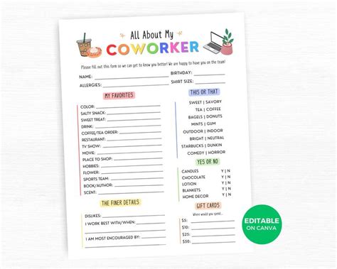 All About My Coworker Editable Coworker Favorite Things Survey New