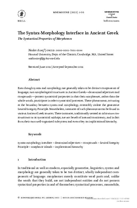 Pdf The Syntax Morphology Interface In Ancient Greek The Syntactical