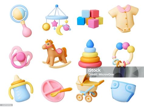 아기 돌봄 3d 요소 유모차 장난감 그릇 및 위생 신생아 도구 사실적인 렌더링 고립된 옷 및 젖꼭지 간결한 벡터 컬렉션 3차원 형태에 대한 스톡 벡터 아트 및 기타 이미지