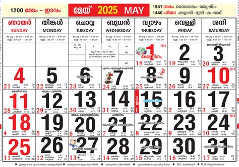 Malayalam Calendar 2025 May Month Image Festival Lists Important