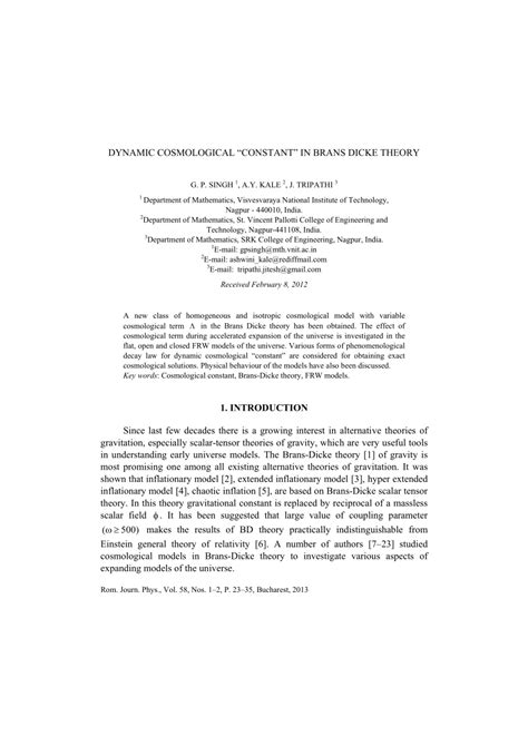 Pdf Dynamic Cosmological Constant In Brans Dicke Theory
