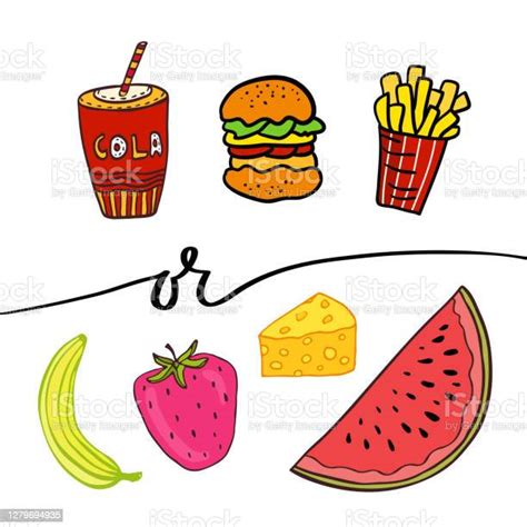 건강하고 건강에 해로운 음식 낙서 길거리 음식 손으로 그린 벡터 세트 거리에 대한 스톡 벡터 아트 및 기타 이미지 거리 건강에 좋지 않은 음식 낙서 드로잉 Istock