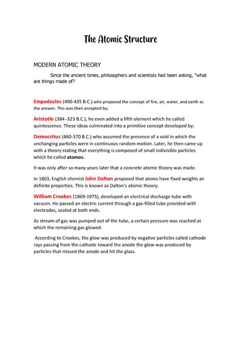 The Atomic Structure Lecture Note Or Summaries The Atomic Structure