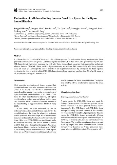 Pdf Evaluation Of Cellulose Binding Domain Fused To A Lipase For The Lipase Immobilization