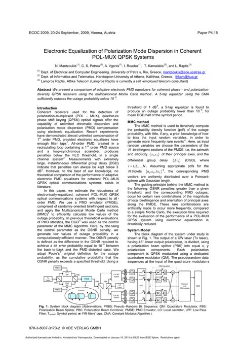 Pdf Electronic Equalization Of Polarization Mode Dispersion In Coherent Pol Mux Qpsk Systems