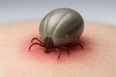 Engorged Tick Attached To Irritated Human Skin With Visible Redness And