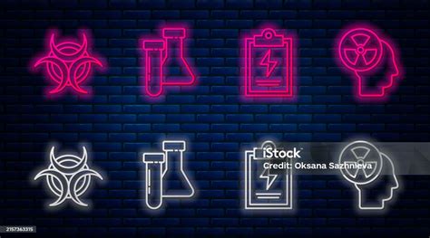 테스트 튜브 및 플라스크 화학 물질 체크리스트가 있는 실험실 클립보드 생물학적 위험 기호 및 인간의 머리와 방사선을 설정합니다 벽돌 벽에 빛나는 네온 아이콘입니다 벡터 건강