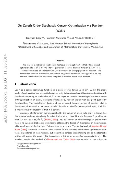 Pdf On Zeroth Order Stochastic Convex Optimization Via Random Walks