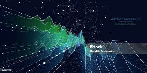 추상적인 배경 물결 모양의 폴리 그리드는 어둠 속에서 혼란스러운 웹에 점과 선을 가지고 있다 가상 공간의 기술 와이어프레임 개념