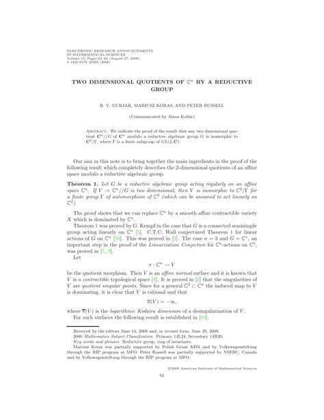 Pdf Two Dimensional Quotients Of C N By A Reductive Group