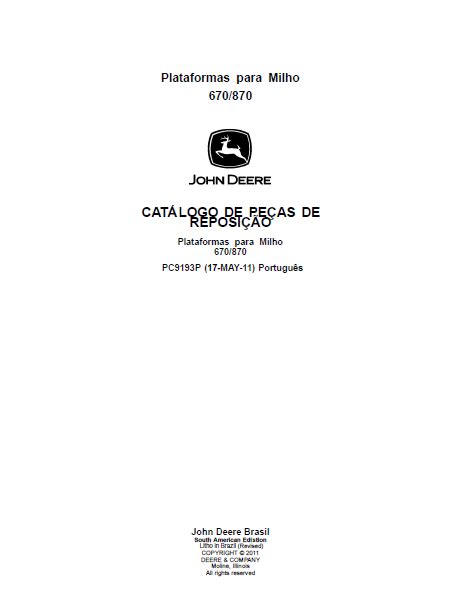 John Deere Corn Platform 670 870 Set Of Parts Catalog