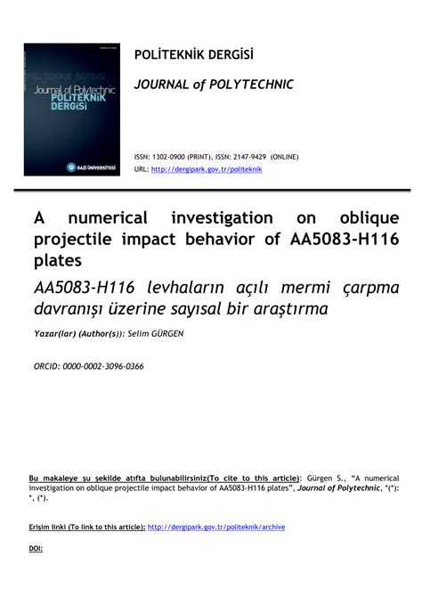 Pdf A Numerical Investigation On Oblique Projectile Impact Behavior Of Aa5083 H116 Plates
