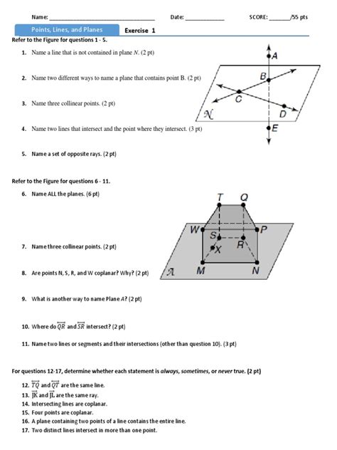 Free Geometry Worksheet Points Lines And Planes Download Free Geometry