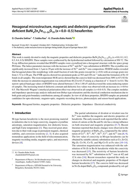 Hexagonal Microstructure Magnetic And Dielectric Properties Of Iron Deficient Banixznxfe12−
