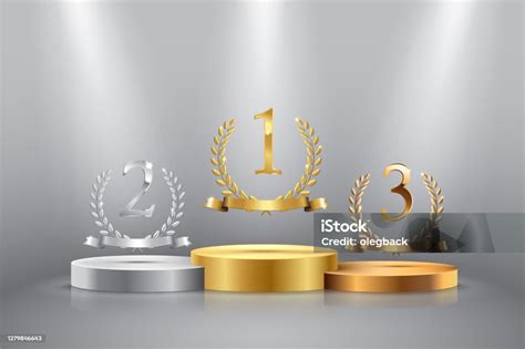 리본이 달린 황금색 은 브론즈 월계수 화환과 1위 2위 3위 표지판으로 우승자를 노린다 벡터 우승자 포디엄 스포츠 기호 금색에 대한 스톡 벡터 아트 및 기타 이미지 Istock