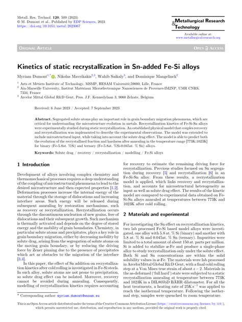 Pdf Kinetics Of Static Recrystallization In Sn Added Fe Si Alloys
