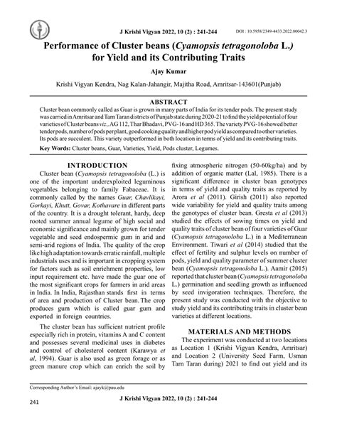 Pdf Performance Of Cluster Beans Cyamopsis Tetragonoloba L For Yield And Its Contributing