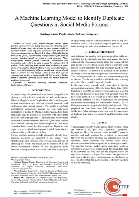 Pdf A Machine Learning Model To Identify Duplicate Questions In