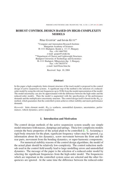 Pdf Robust Control Design Based On High Complexity Models