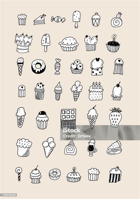 스케치 디저트 케이크 패스트리 및 아이스크림 스 트루 델 및 머핀 손으로 그린 과일 디저트 벡터 세트입니다 크림 디저트 스케치 과자 달콤한 케이크의 그림 외형선에 대한 스톡