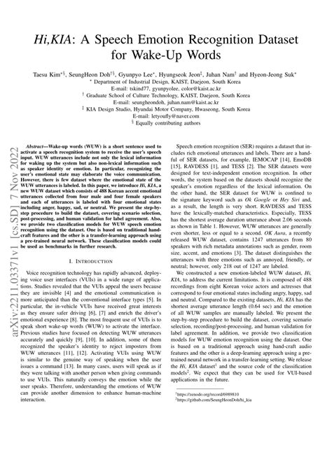 Pdf Hi Kia A Speech Emotion Recognition Dataset For Wake Up Words