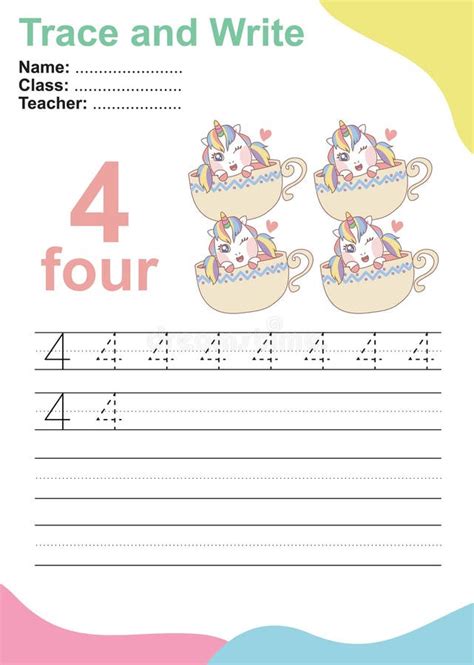 Number Four Tracing Practice Worksheet With Four Kawaii Unicorn