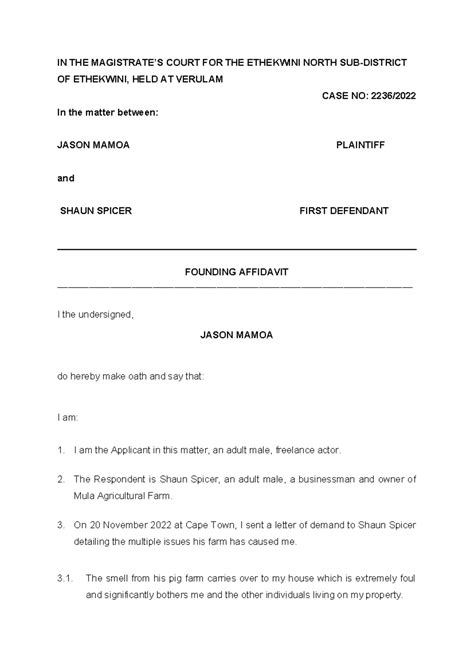 Founding Affidavit In The Magistrate S Court For The Ethekwini North