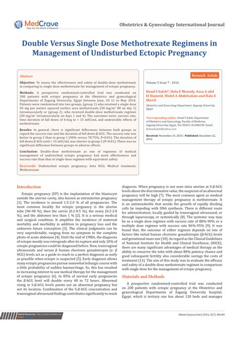 Pdf Double Versus Single Dose Methotrexate Regimens In Management Of Undisturbed Ectopic Pregnancy